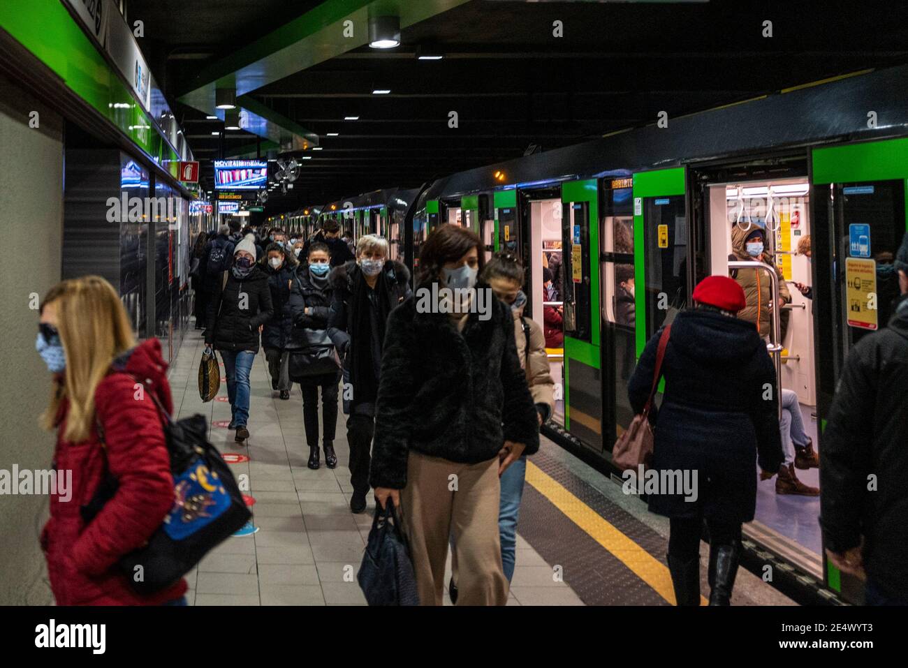 Milan, Italy. 25th Jan, 2021. Milan, Orange Zone, People on the subway ...