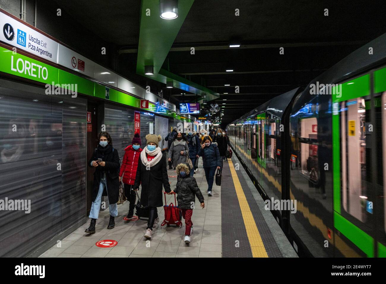 Milan, Italy. 25th Jan, 2021. Milan, Orange Zone, People on the subway ...