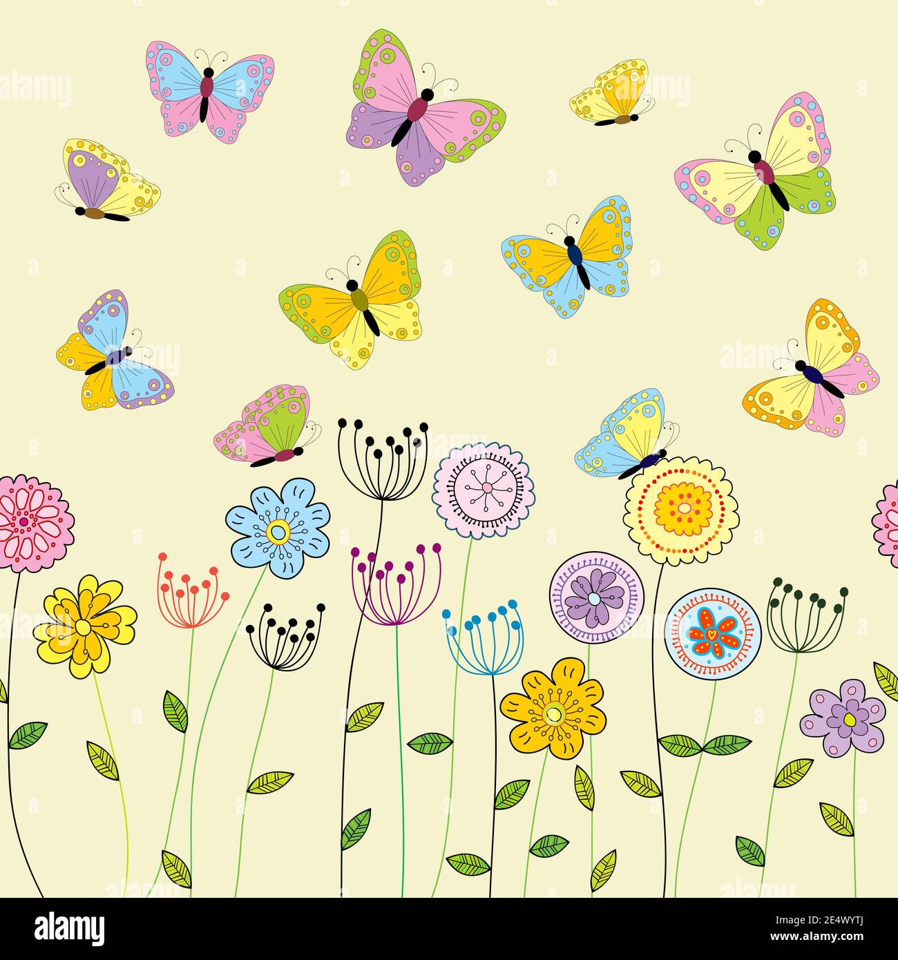 Spring floral background with doodle flowers and butterflies Stock ...