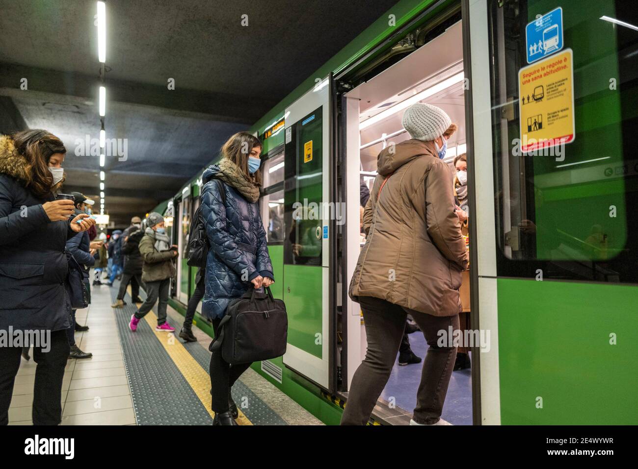 Milan, Italy. 25th Jan, 2021. Milan, Orange Zone, People on the subway ...