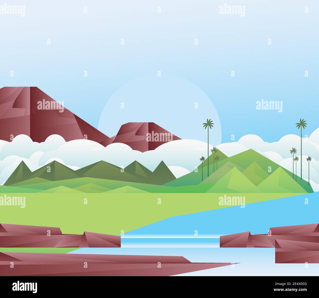 Polygonal landscape of palm trees and river design, nature and outdoor ...