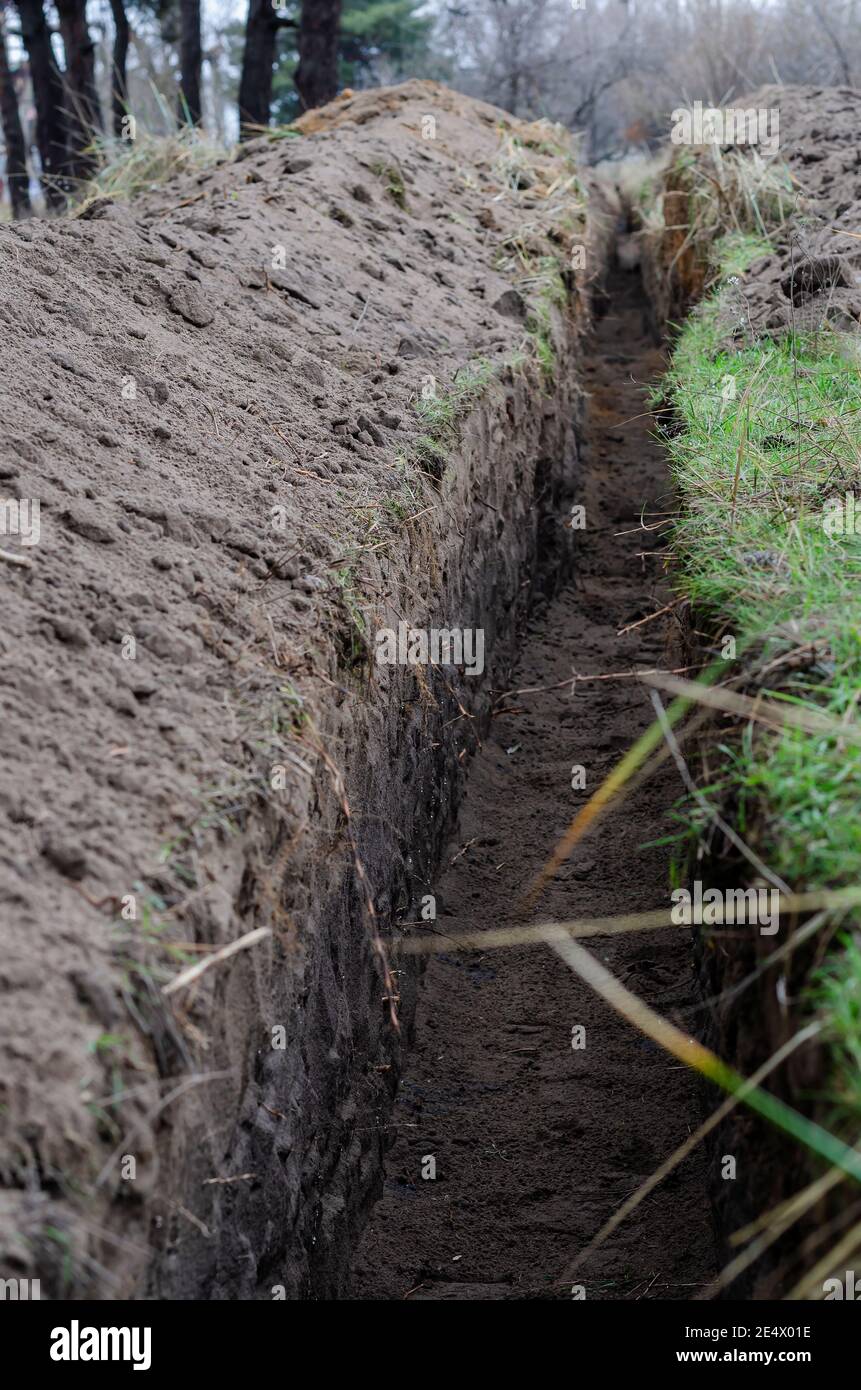 An empty long trench for a power cable is dug in the woods. Earthworks ...