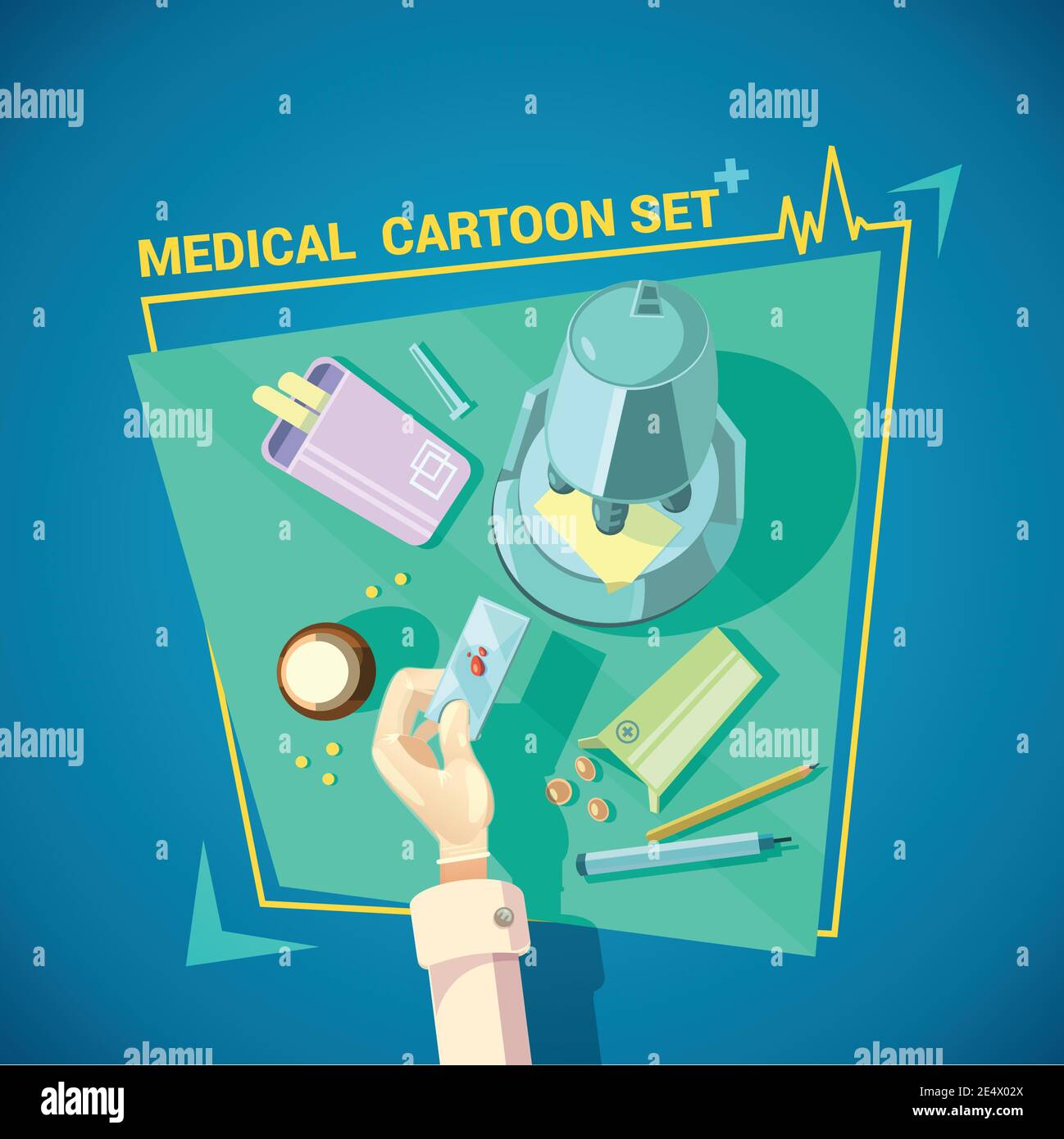 Doctor design set with blood test pills and microscope on blue ...