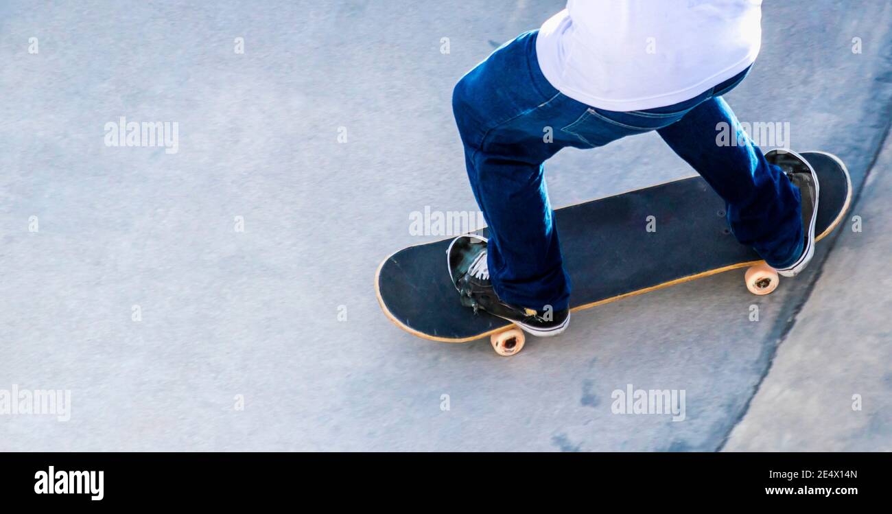 High angle shot of skateboarding practice - freestyle extreme sports ...