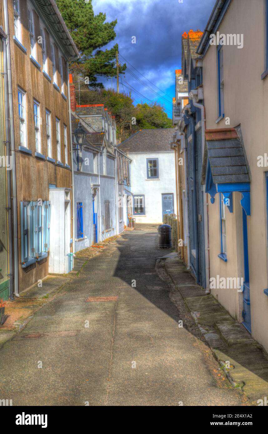 Narrow Cornish street Kingsand village Cornwall England situated next ...