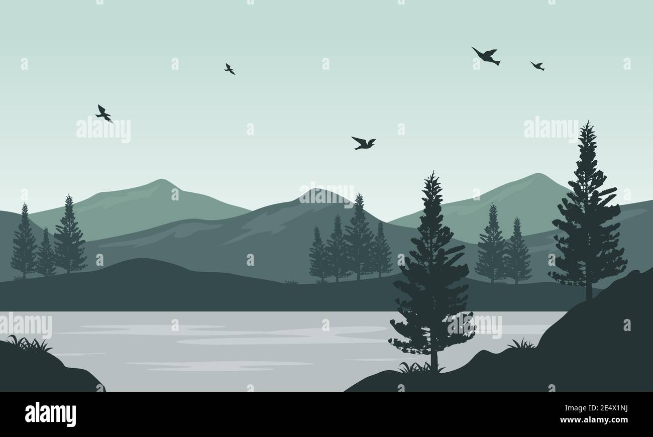 Beautiful fresh morning natural scenic in the river bank. Vector ...