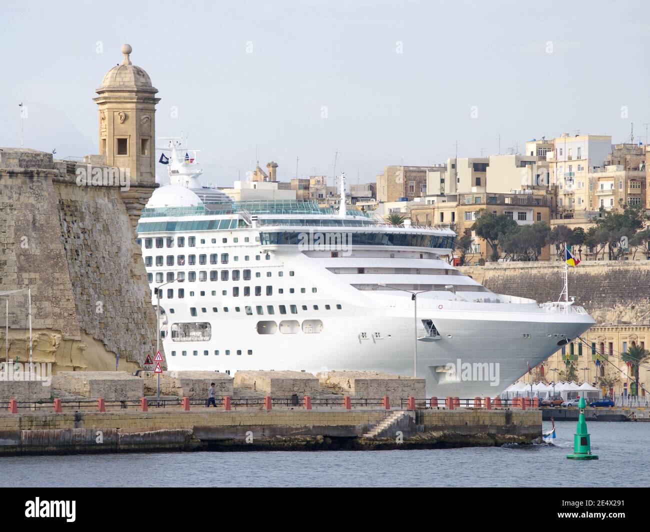 watchtower and cruise ship in the Grand Harbour in Valletta, Malta ...