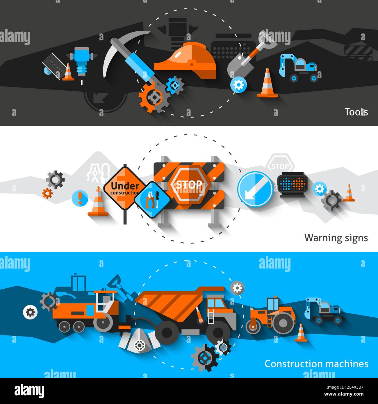 Road repair horizontal banners set with construction machines warning ...