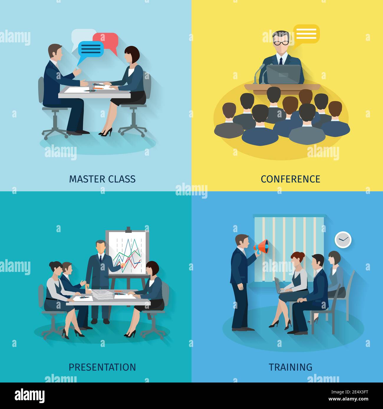 Conference design concept set with master class presentation training flat icons isolated vector ...