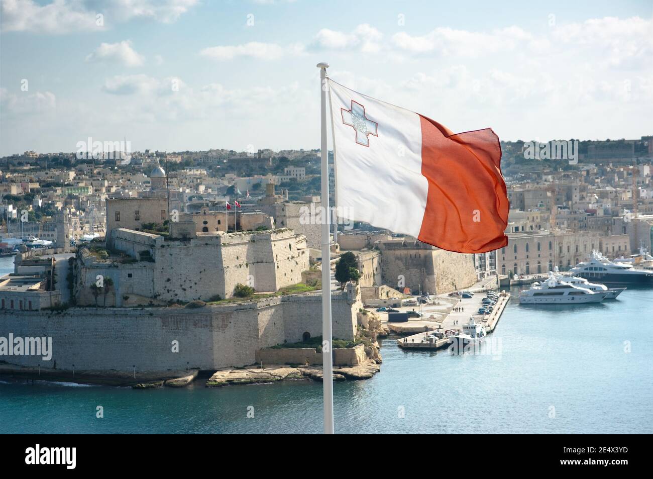 the maltese flag is flying from upper Barrakka gardens in Valletta and ...