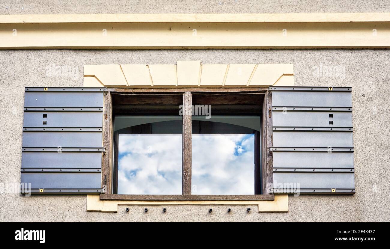 Old wooden window with open shutters Stock Photo - Alamy