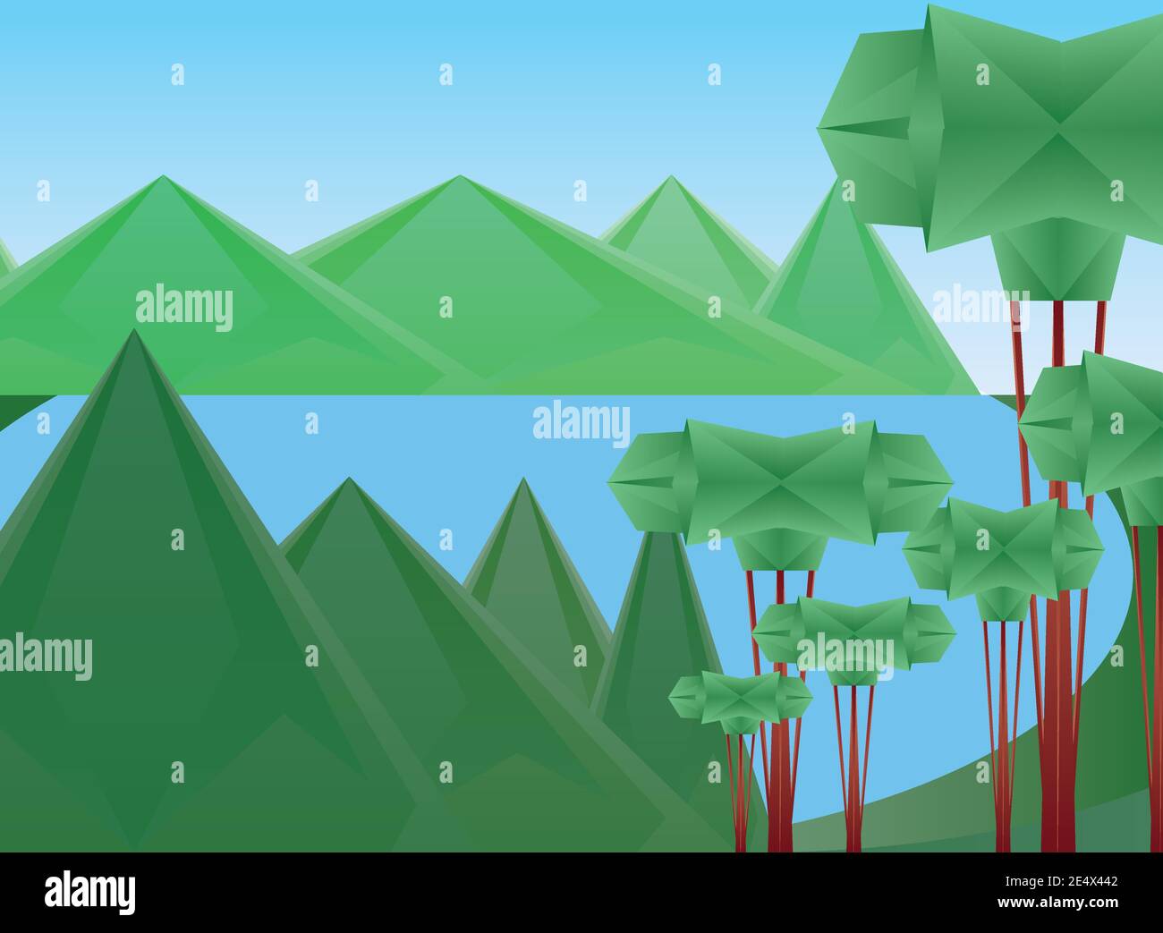 Polygonal landscape of trees lake and mountains design, nature and ...