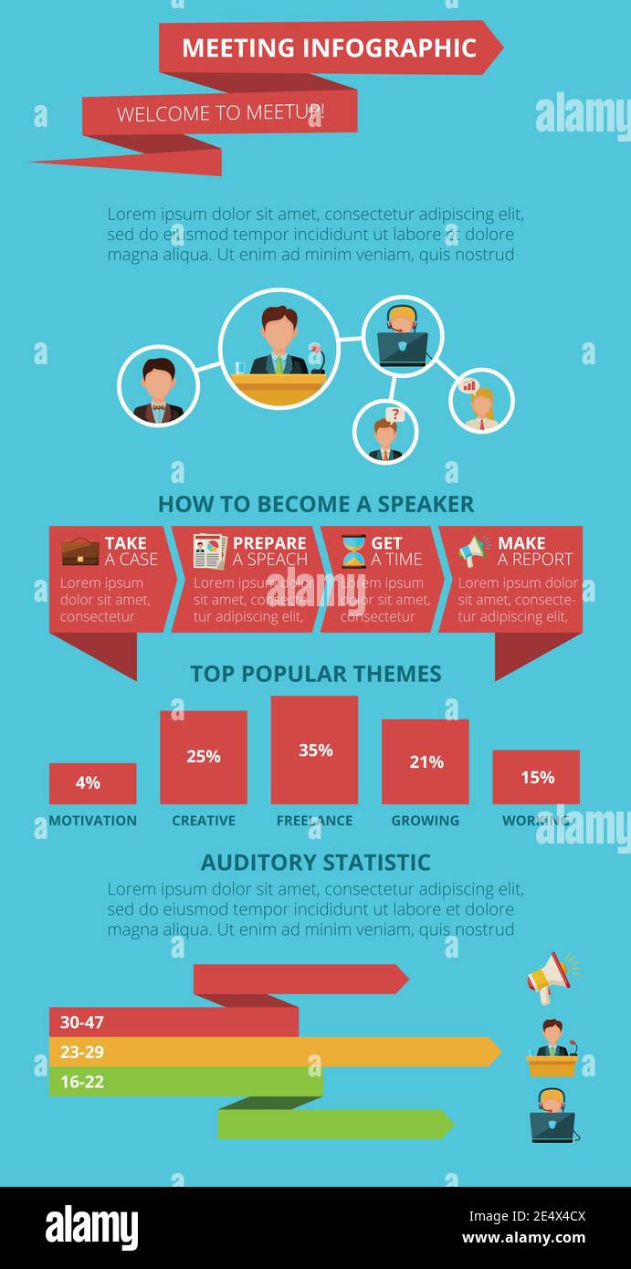 Meeting infographics set with public communication symbols and charts ...