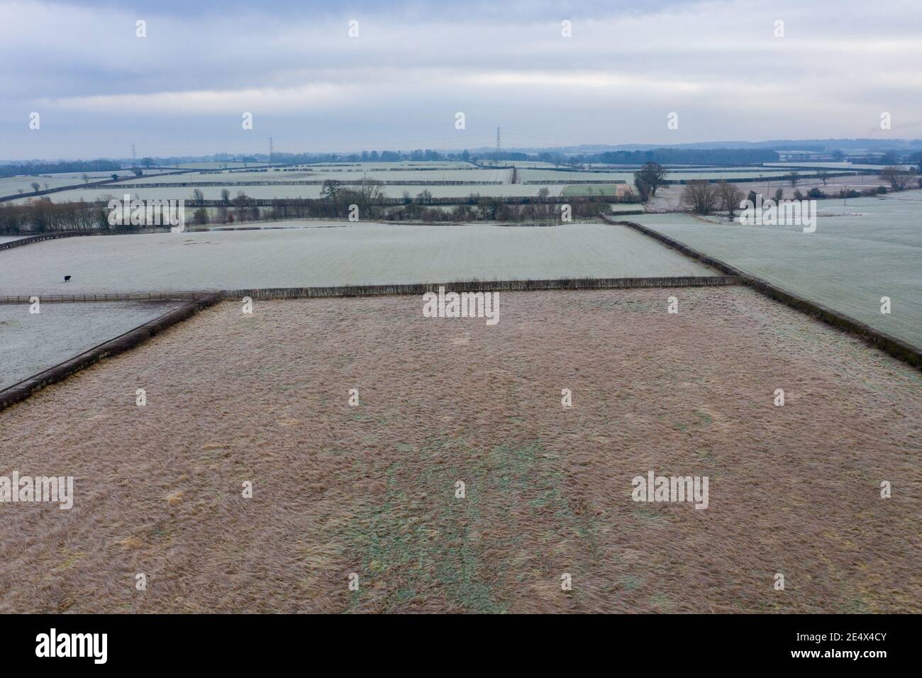 Aerial photo of the British country side taken on a cold winters frosty ...