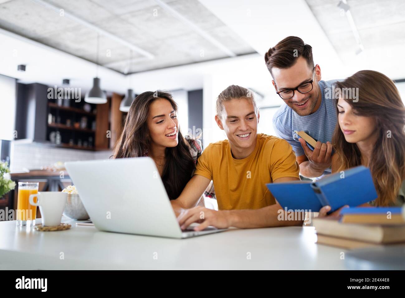 Group of friends, students discussing brainstorming at meeting ...