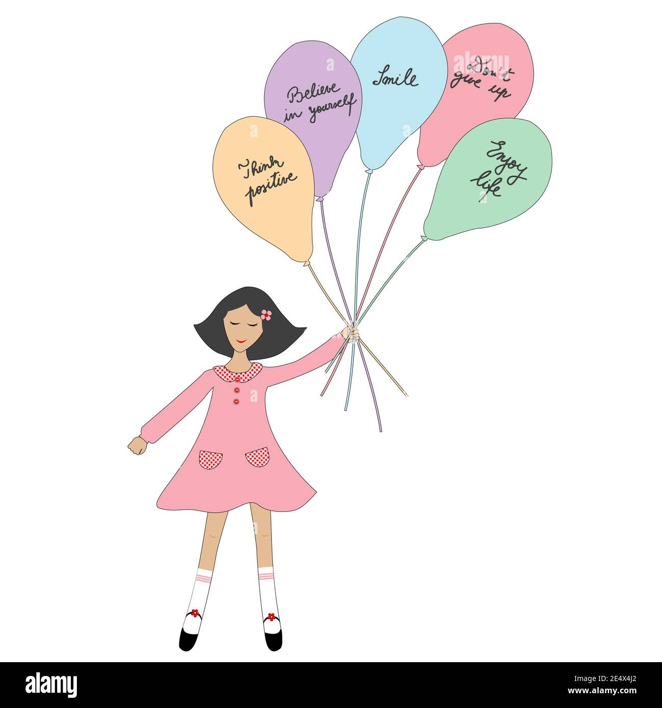 Cartoon girl holding balloons with positive slogans Stock Vector Image ...