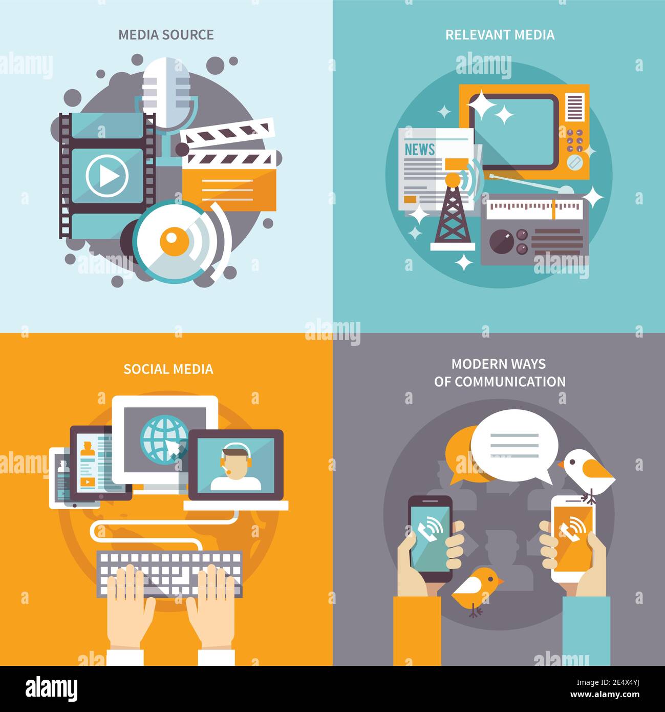 Media design concept set with communication sources flat icons isolated ...