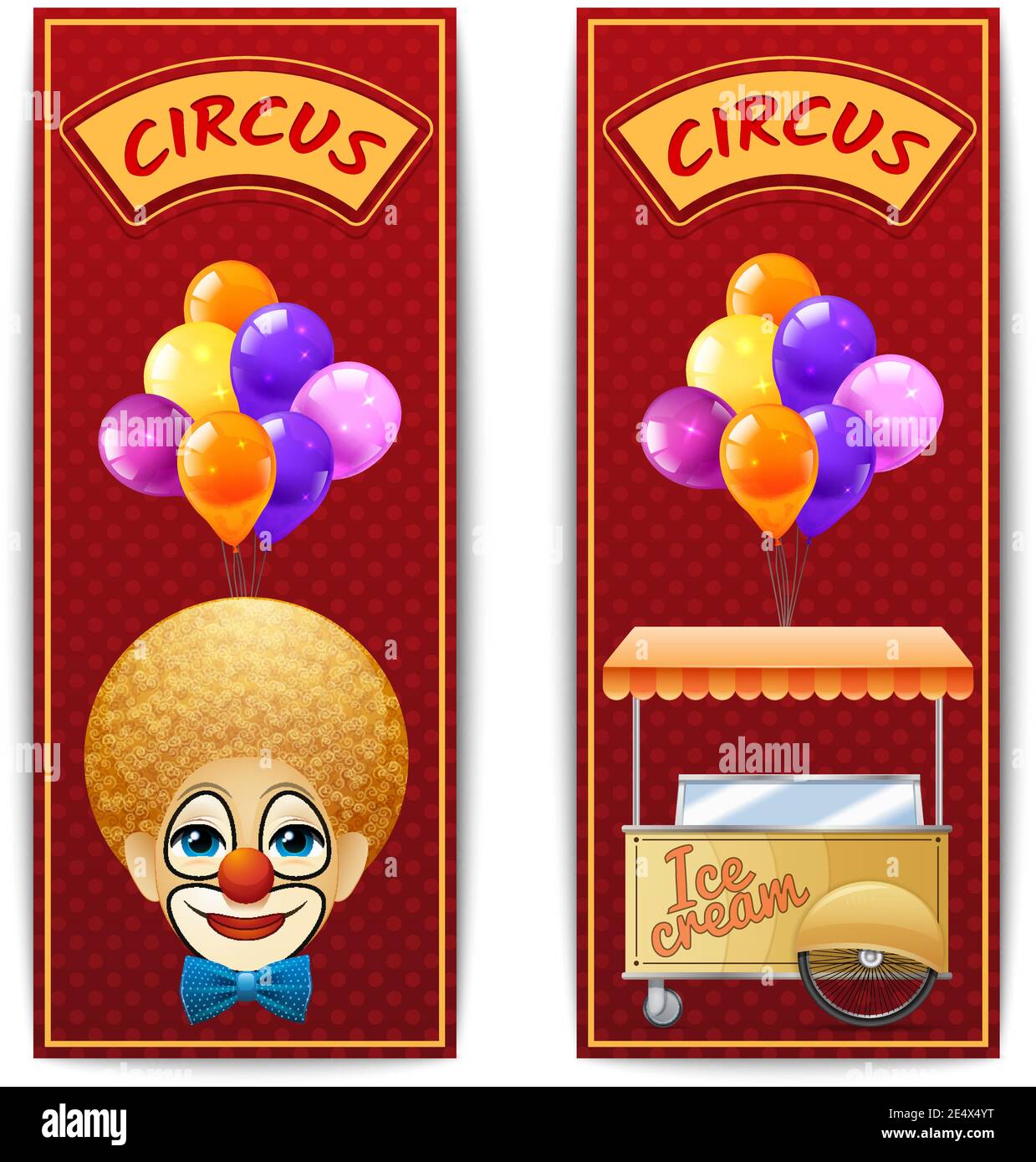 Two vertical circus banners with clown balloons and ice cream cart on ...