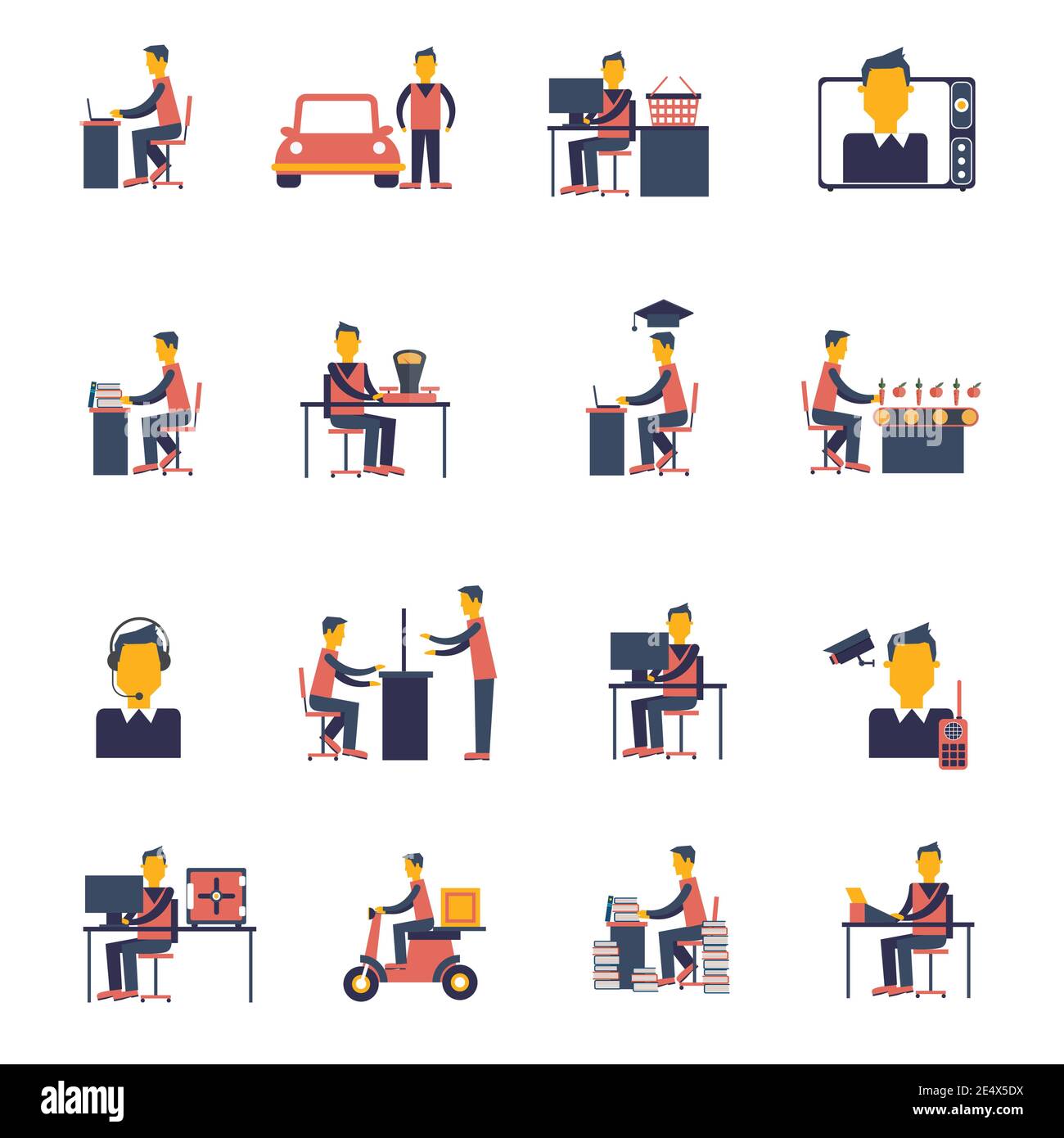 Sedentary living inactive passive man sitting icon flat set isolated ...
