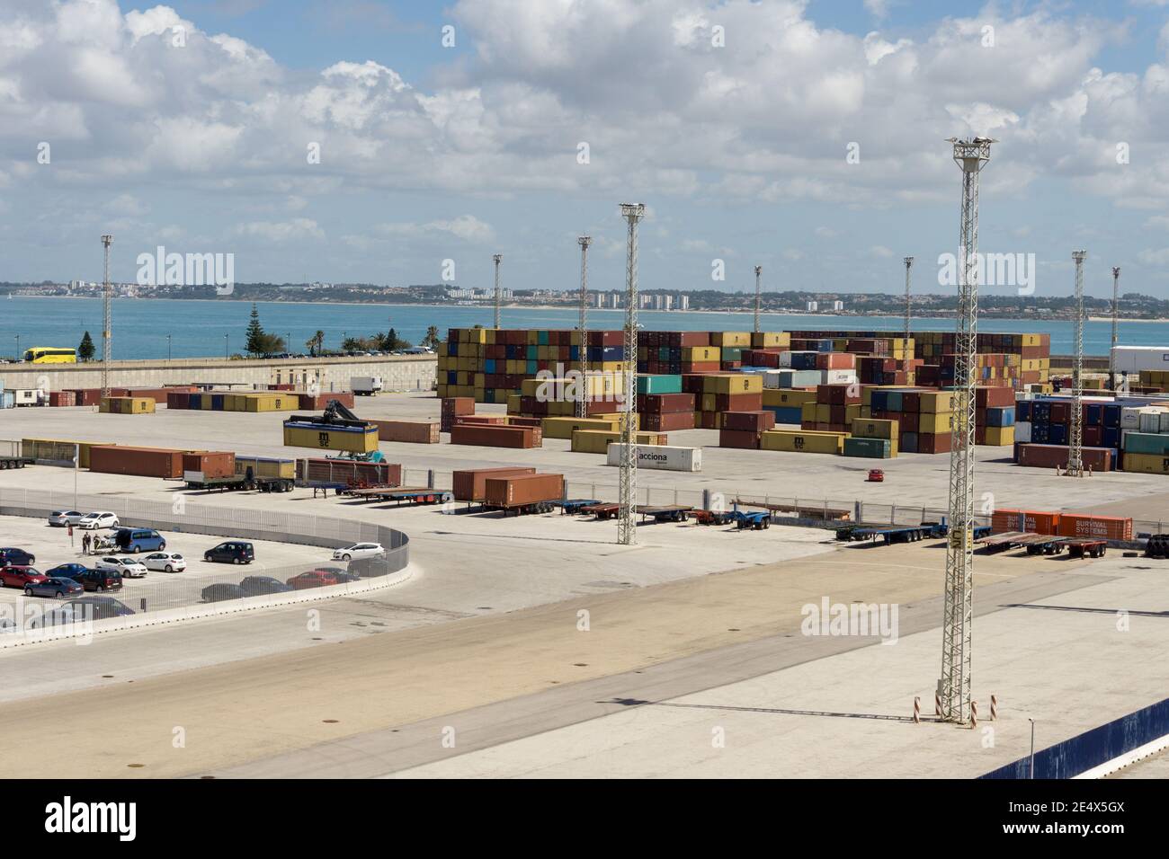 Elevated view over the port of Cadiz, Spain; taken from the deck of a ...