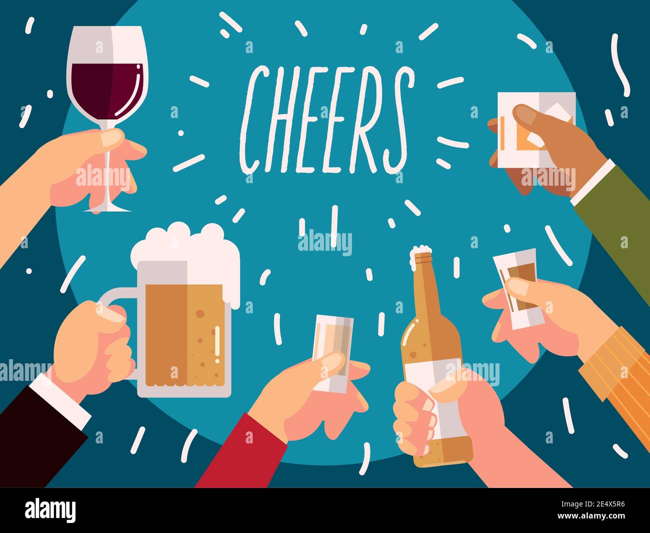 cheers hands with beer wine cocktails and bottles drinks vector ...