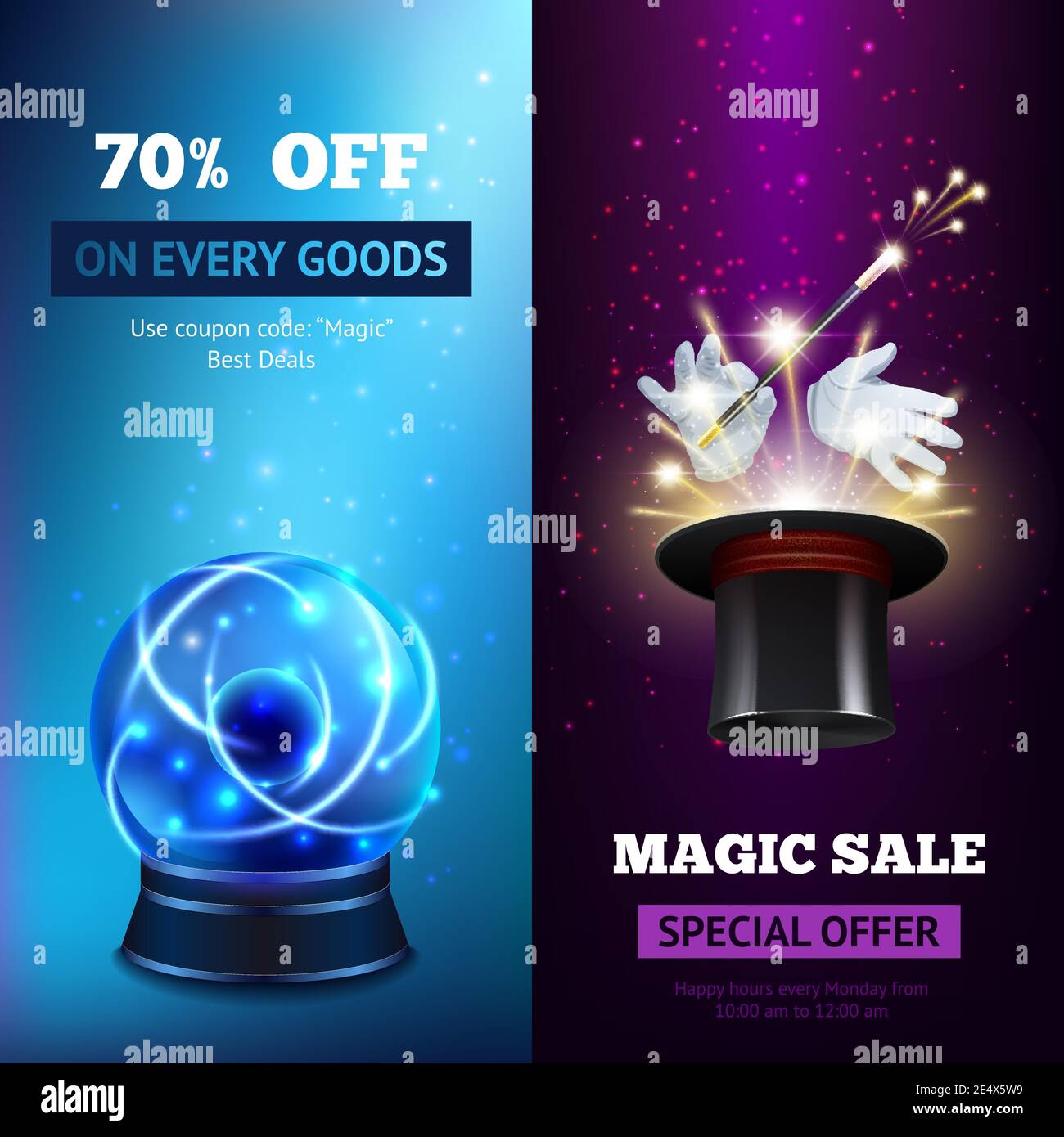 Magic banners vertical set with crystal sphere and magician hat ...