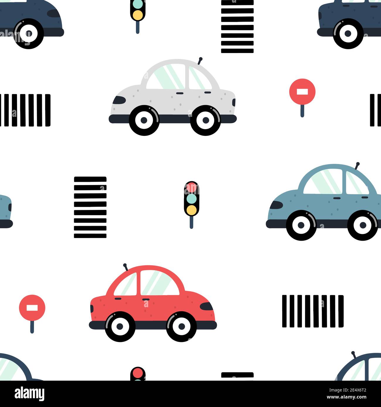 Car childish seamless pattern with traffic lights, crosswalks and ...