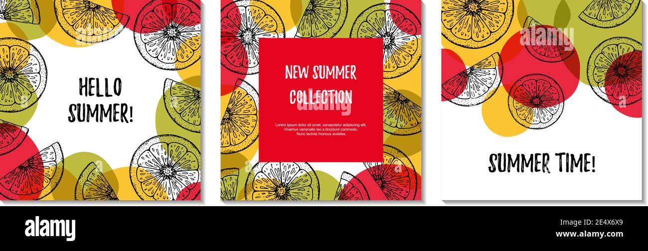 Set of colorful square summer banners with lemon slices. Vector ...