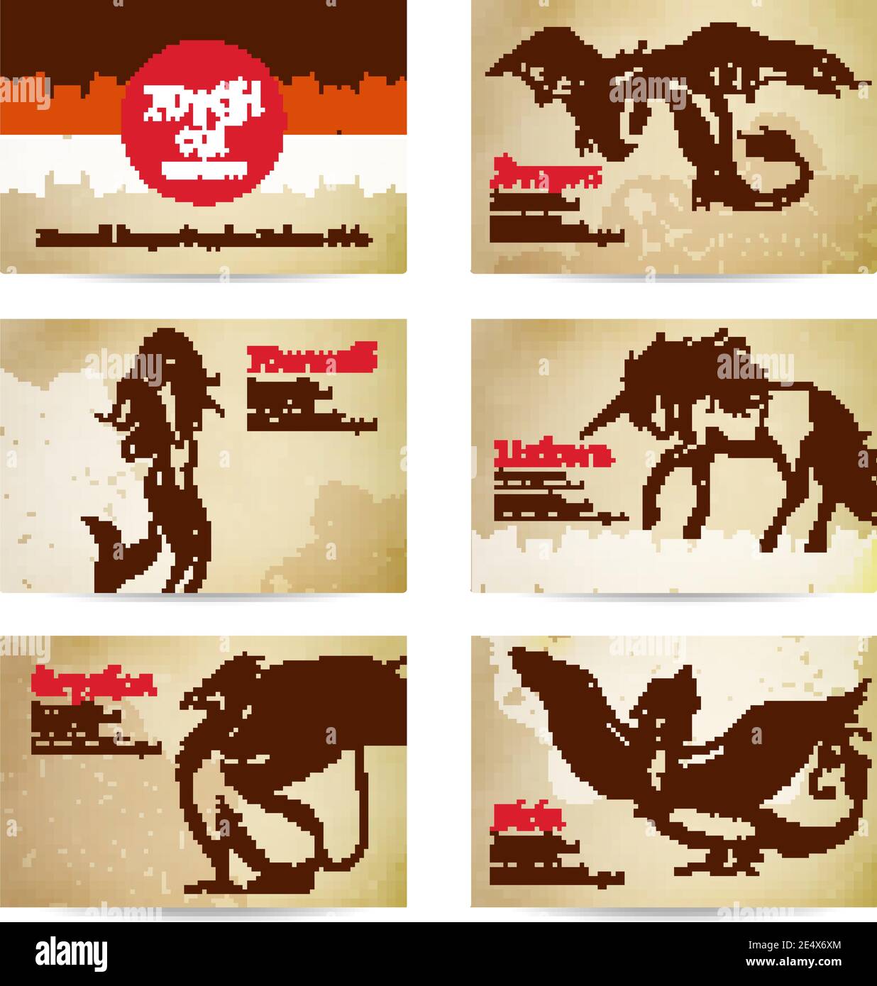 Mythical creatures hand drawn cards set with dragon mermaid and unicorn isolated vector ...