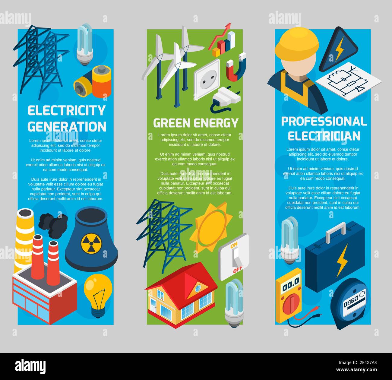 Electricity vertical banner set with isometric electrician elements ...