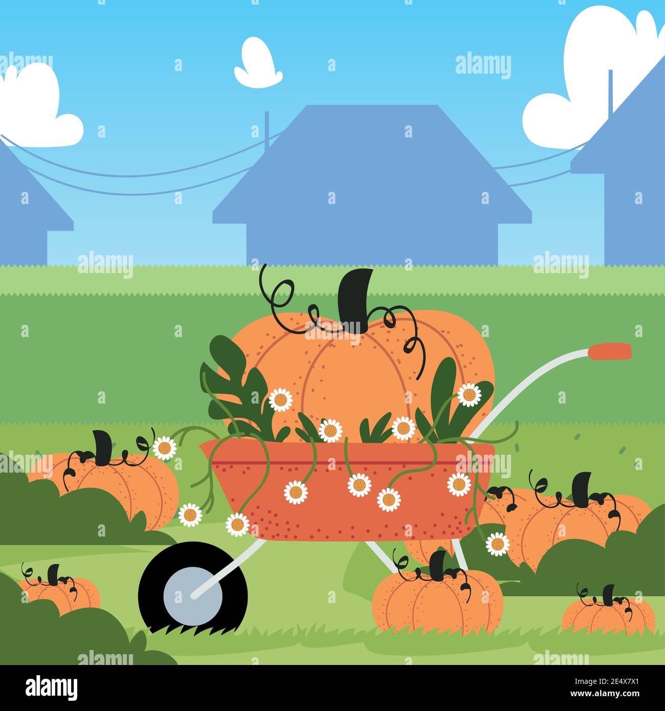 gardening, wheelbarrow with pumpkin and flowers vector illustration ...