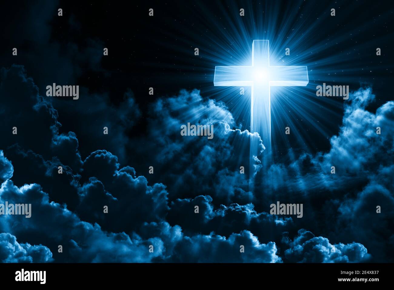 Christian religion concept shining cross on dramatic cloudy night sky ...