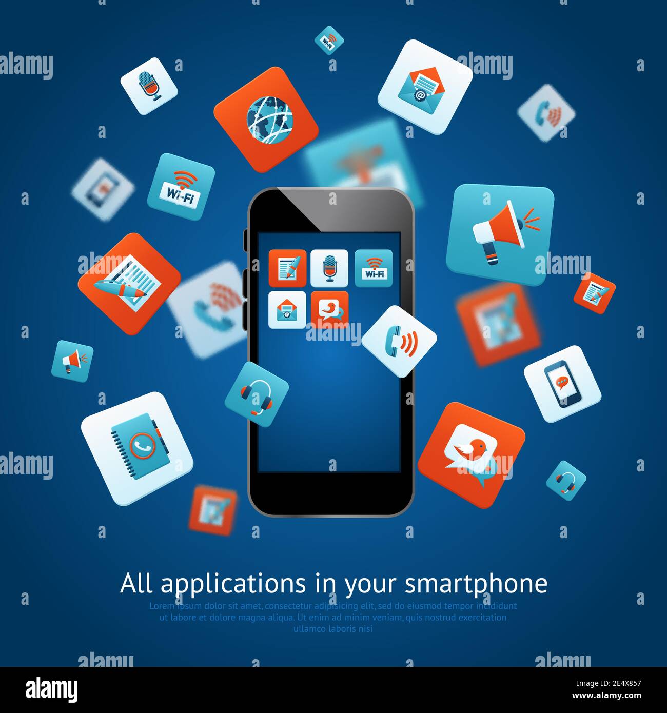 Smartphone with mobile applications blog message email symbol poster ...