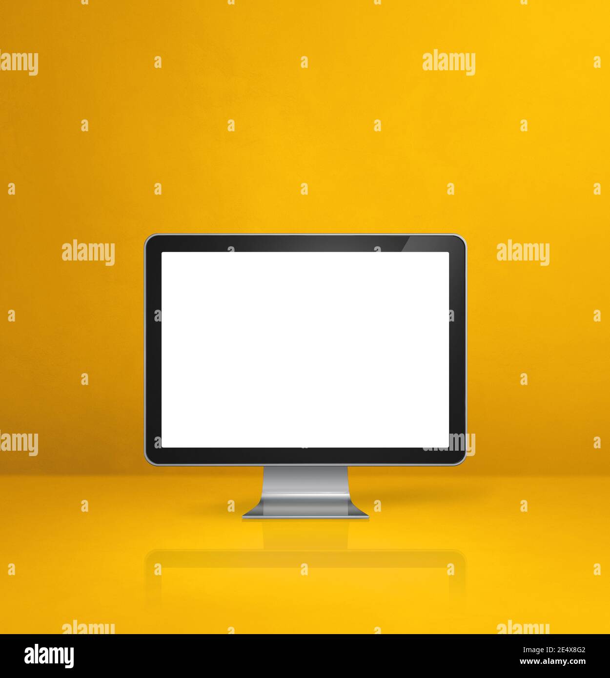 Computer pc - yellow office desk background. 3D Illustration Stock ...