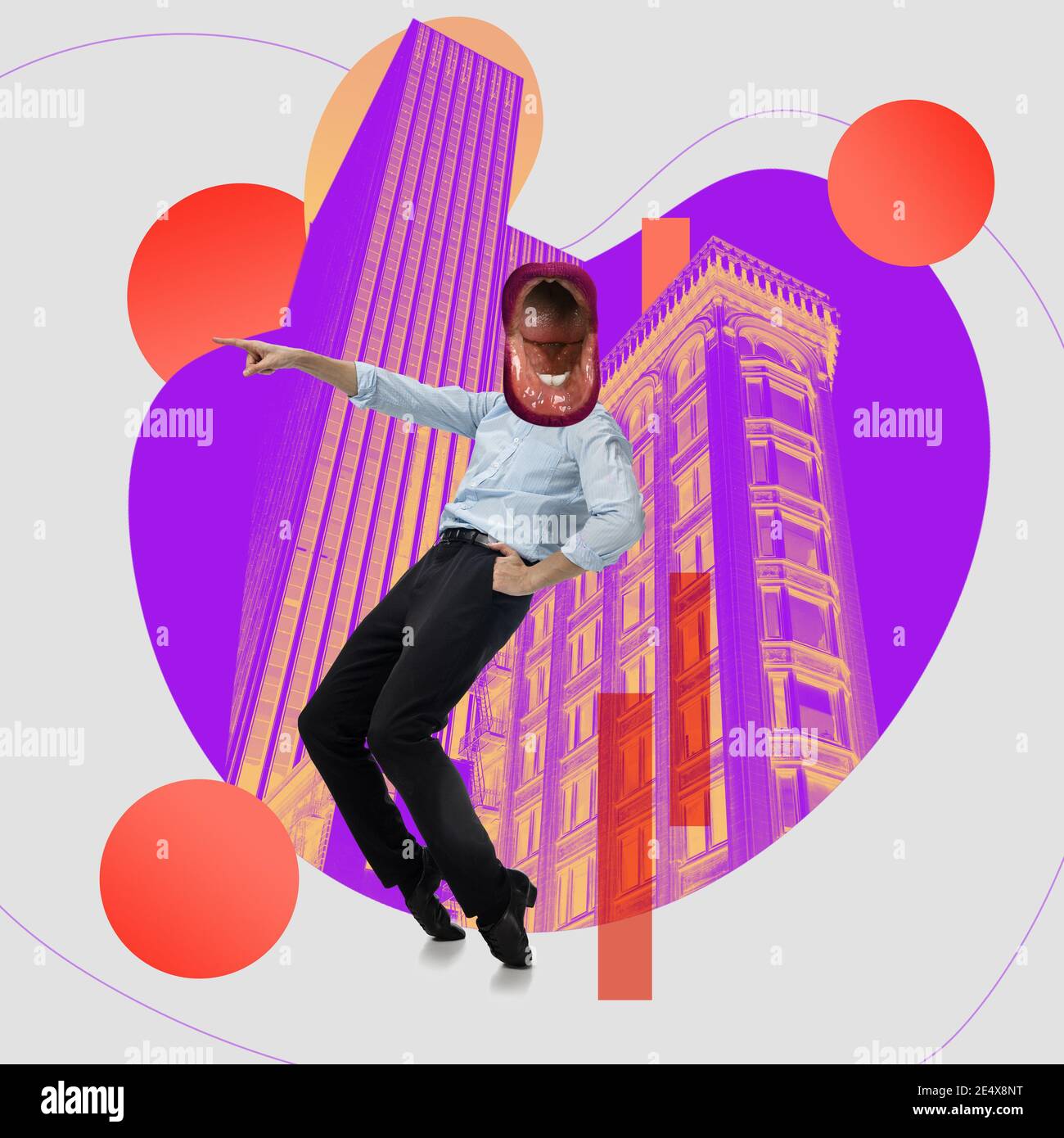Inspired. Stylish dancing man headed by big shouting mouth. Copyspace ...