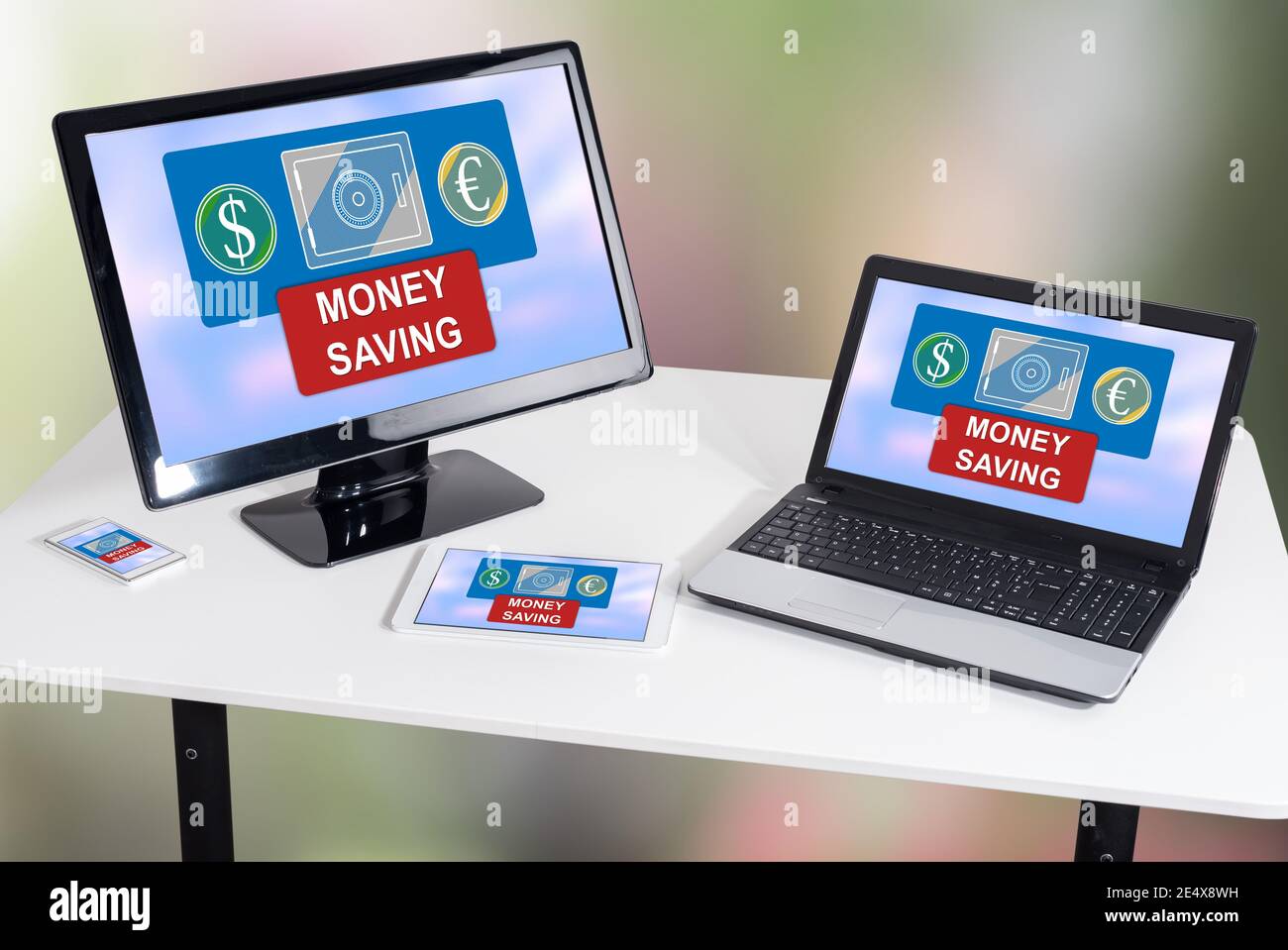 Money saving concept shown on different information technology devices ...