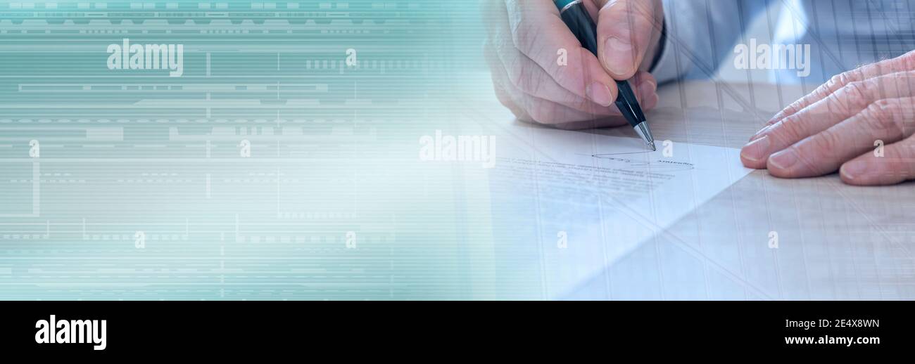 Man signing a legal document, light effect, double exposure. panoramic ...
