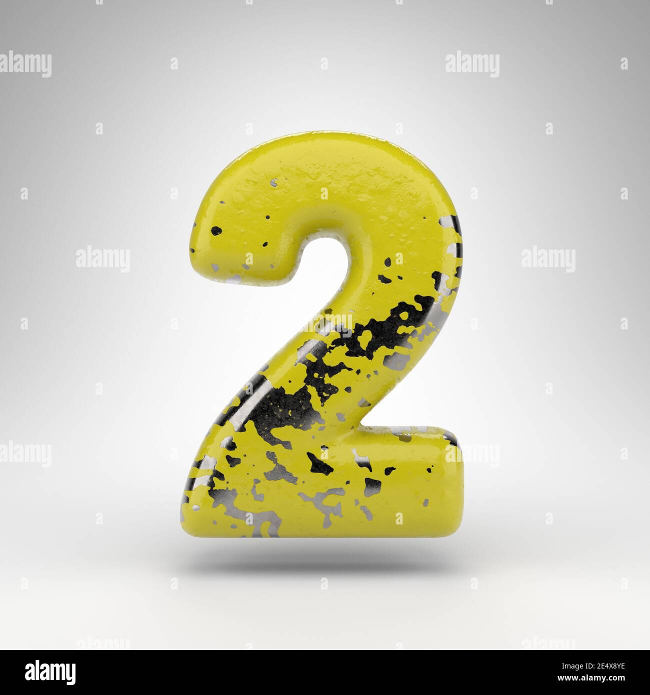 Number 2 on white background. 3D rendered number with old yellow paint ...