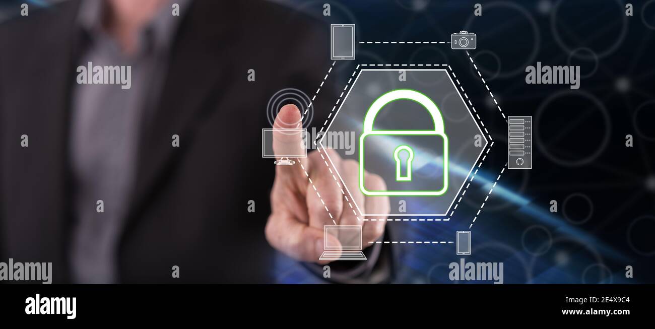 Man touching a devices security concept on a touch screen with his ...