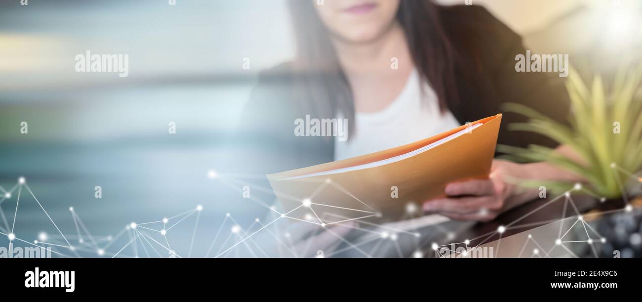Businesswoman holding folder with paper documents; panoramic banner ...