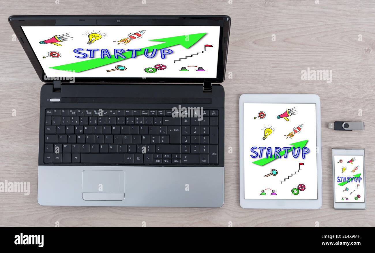 Startup concept shown on different information technology devices Stock ...