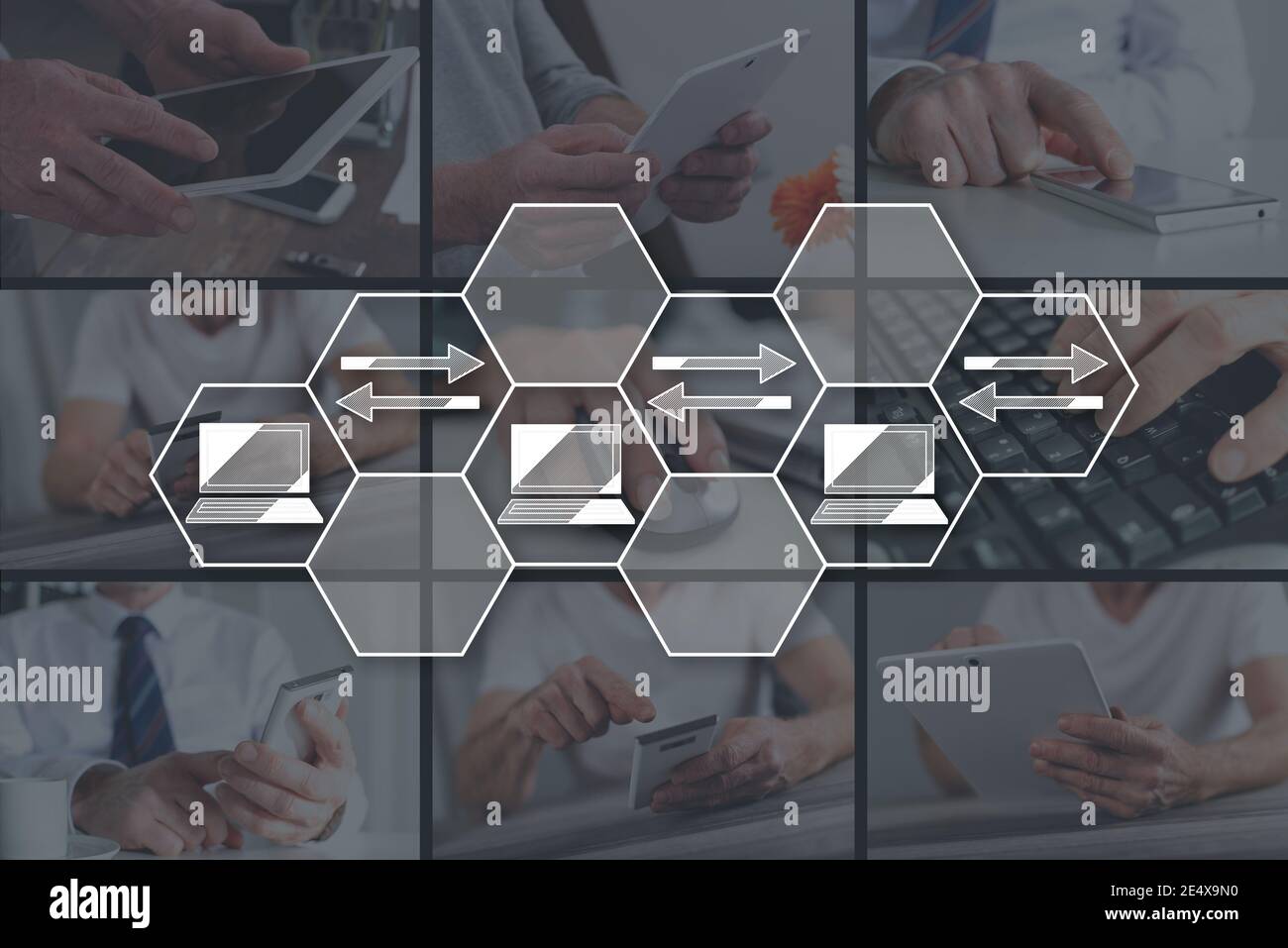 Data transfer concept illustrated by pictures on background Stock Photo ...