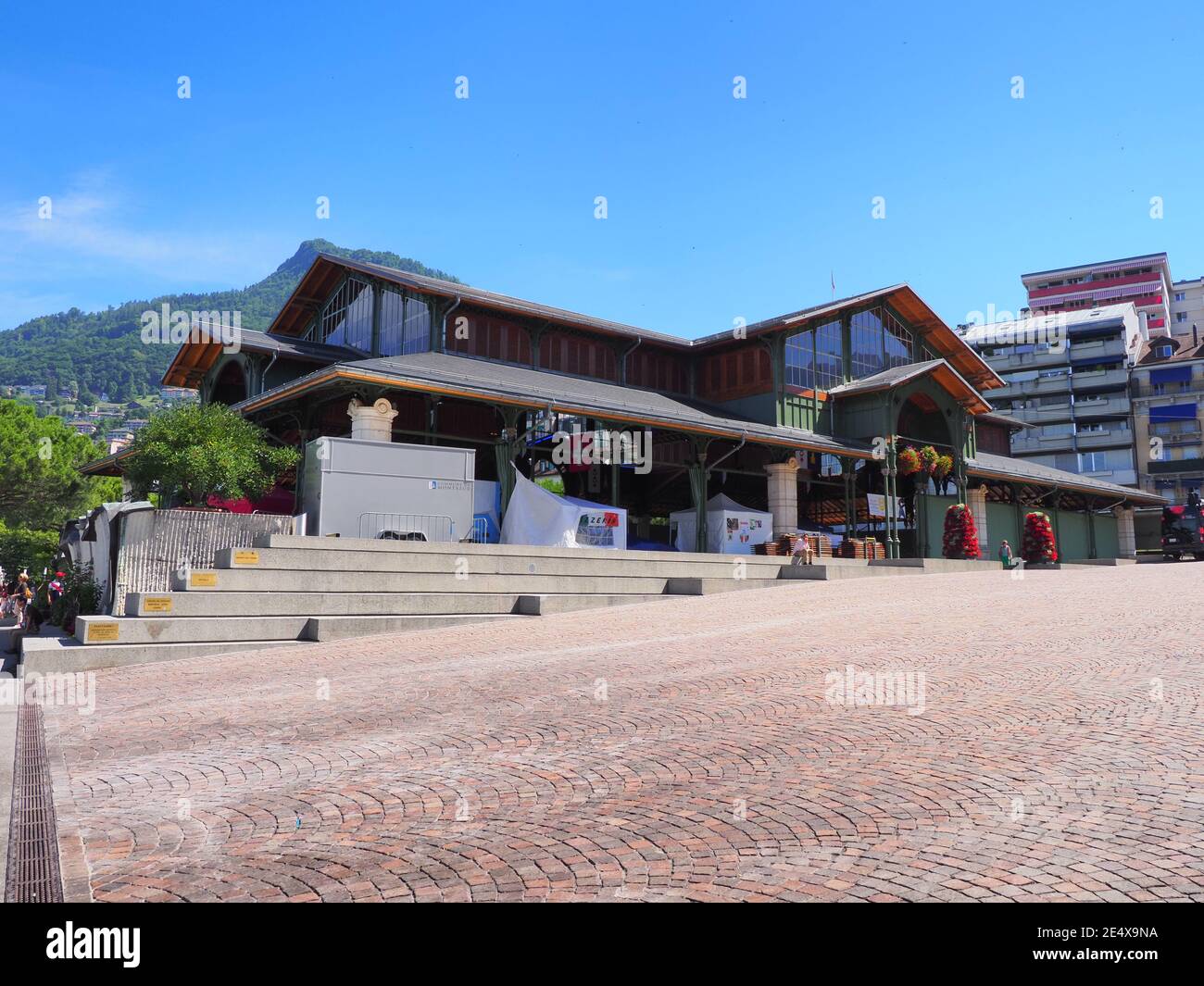 Building of wooden market hall in Montreux city in Switzerland Stock ...