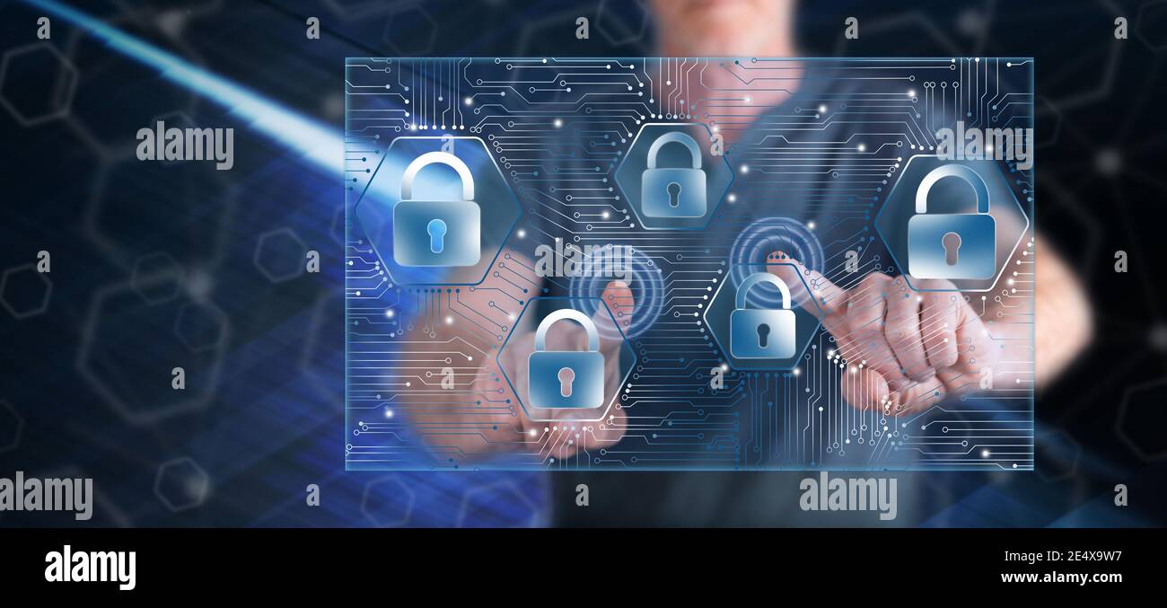 Man touching a data security concept on a touch screen with his fingers ...