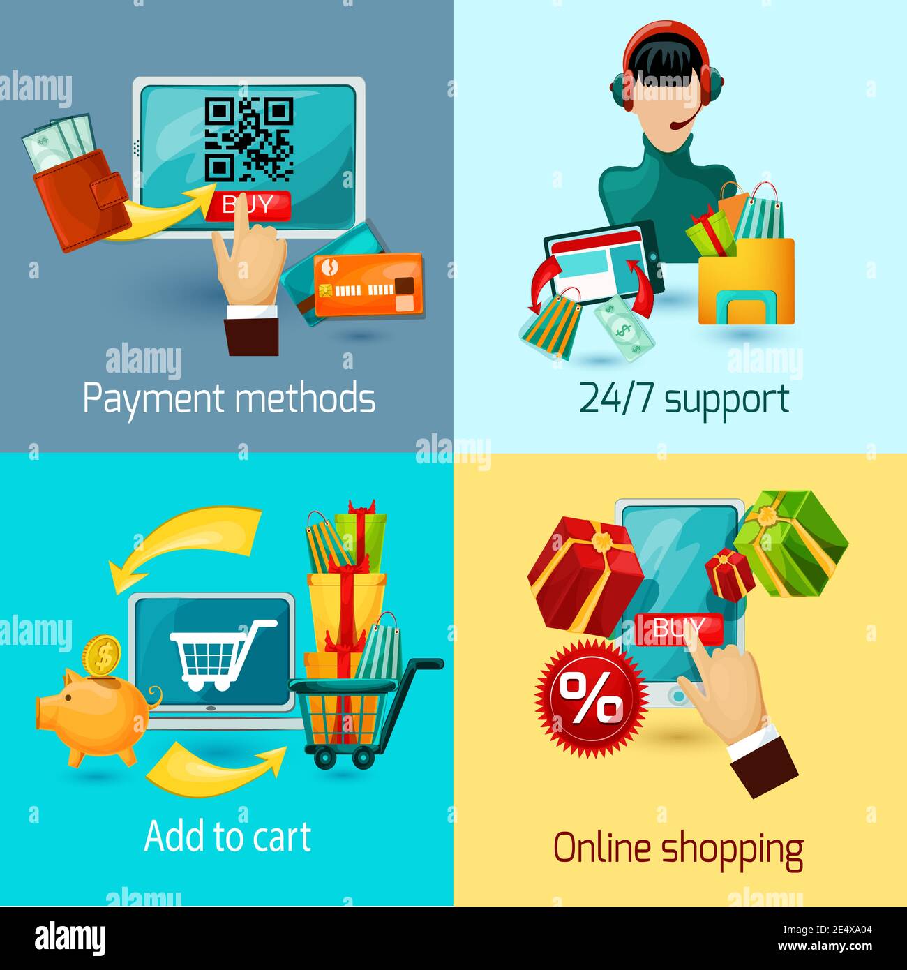 E-commerce design concept set with online payment methods cartoon icons ...