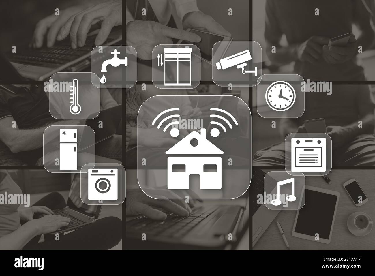 Smart home automation concept illustrated by pictures on background ...