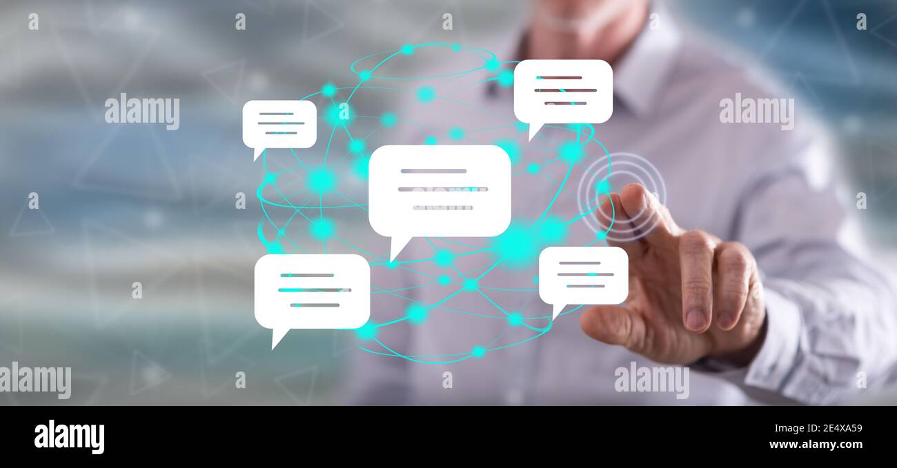 Man touching a global communication concept on a touch screen with his ...