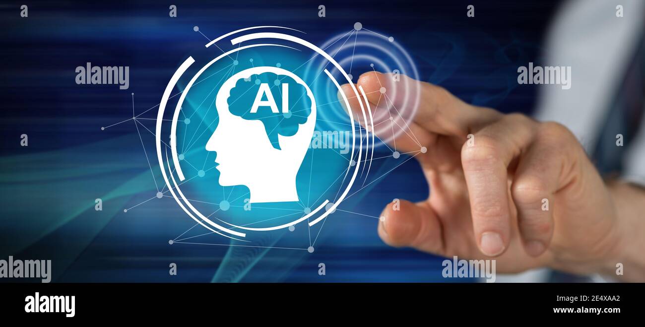 Man touching an artificial intelligence concept on a touch screen with ...