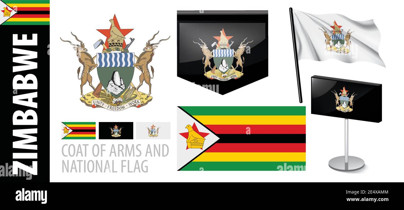 Vector Set Of The Coat Of Arms And National Flag Of Zimbabwe Stock