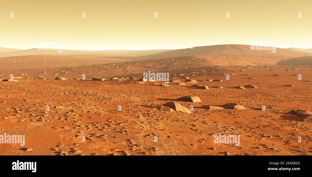 Mars - the red planet. Martian surface and dust in the atmosphere. 3d ...